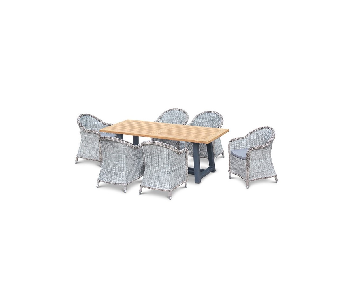 Teak Rectangular Trestle Table 2m and 6 Eaton Rattan Armchairs