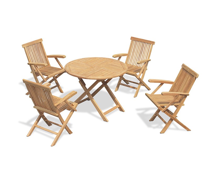Suffolk Folding Teak Round Table 1m and 4 Chester Low Back Armchairs
