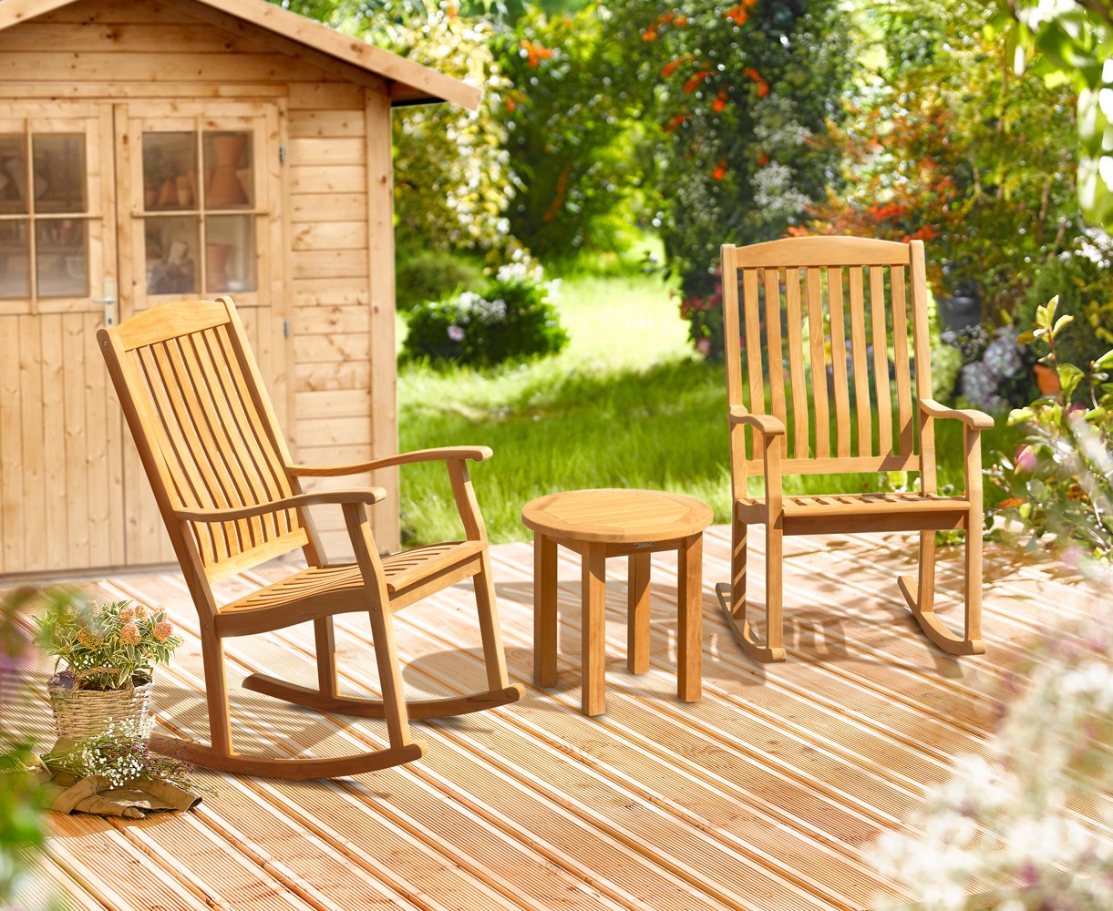 Teak Rocking Chair Sets | Outdoor Rockers with Side Tables